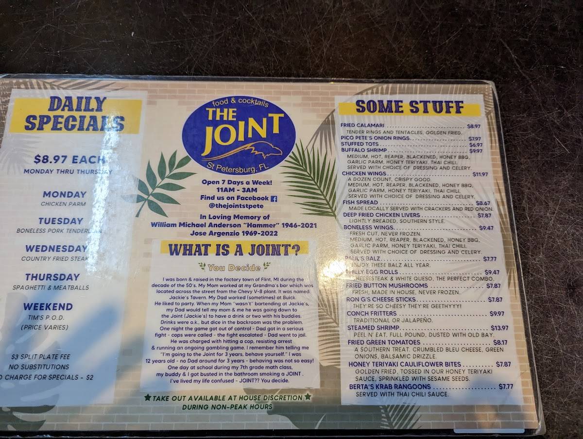 Menu at The Joint St. Pete pub & bar, Saint Petersburg