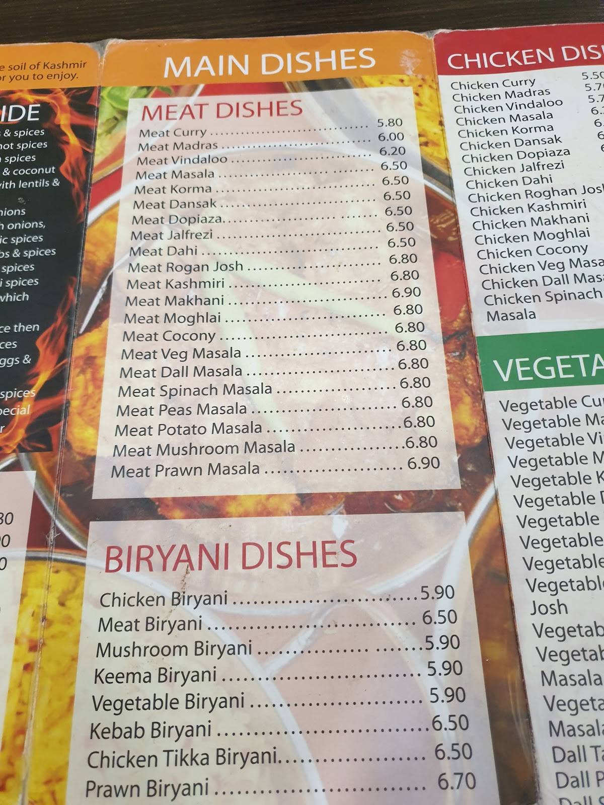 Menu at The Kashmir Restaurant, Bradford