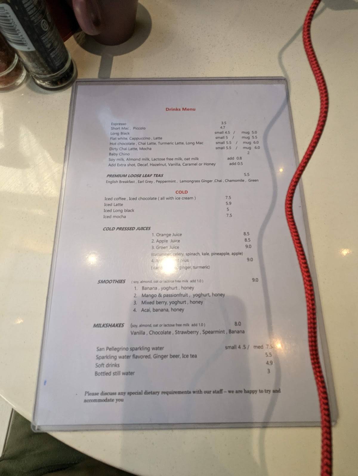 Menu at The Lane Café cafe, Claremont