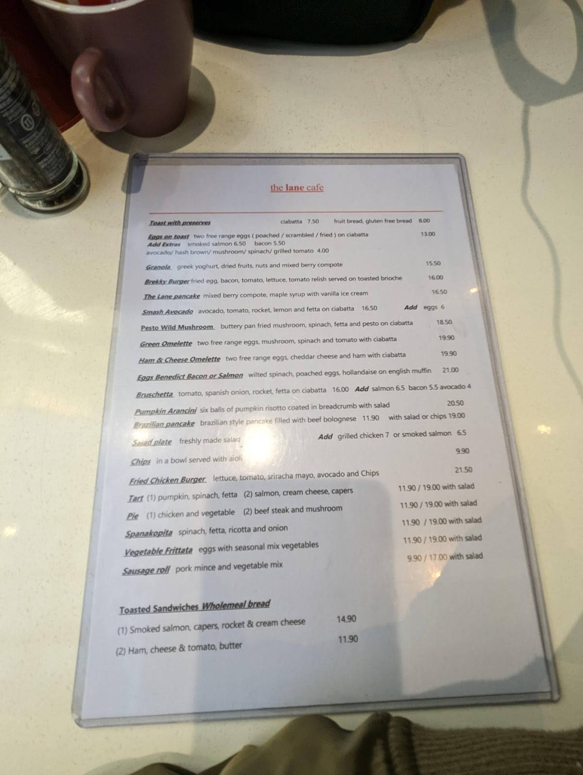 Menu at The Lane Café cafe, Claremont