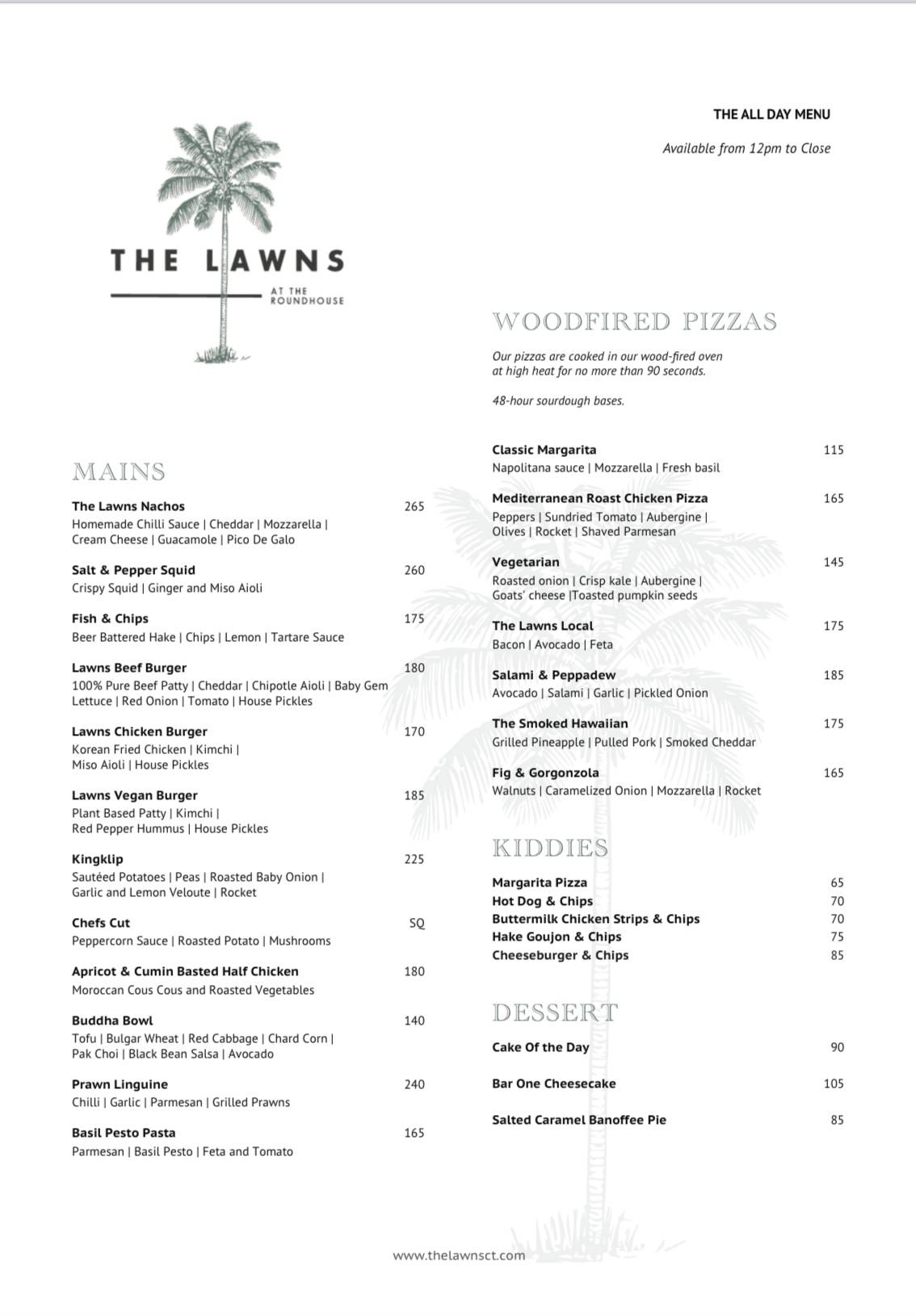 Menu at The Lawns at the Roundhouse restaurant, Cape Town
