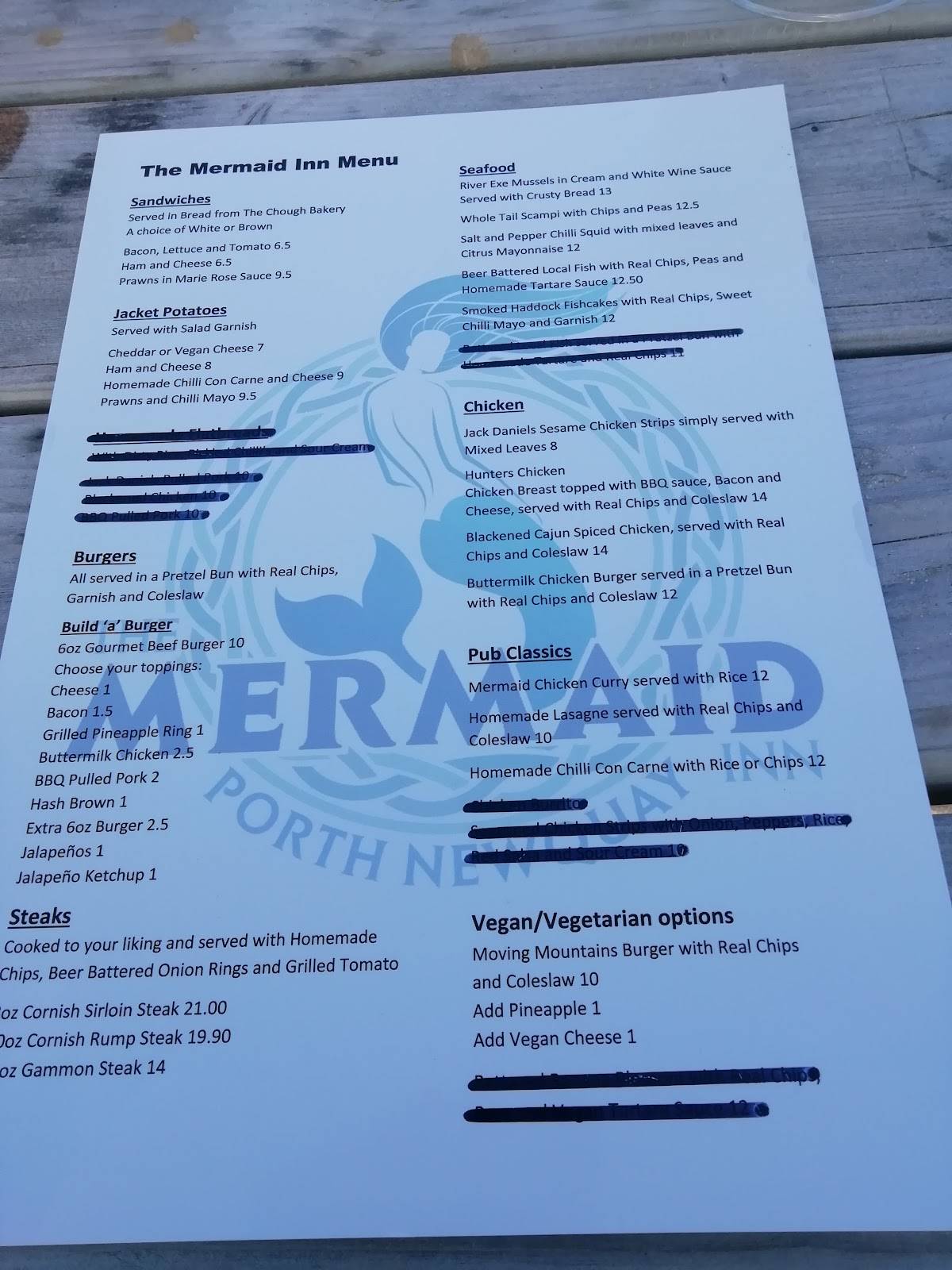 Menu at The Mermaid Inn pub & bar, Newquay