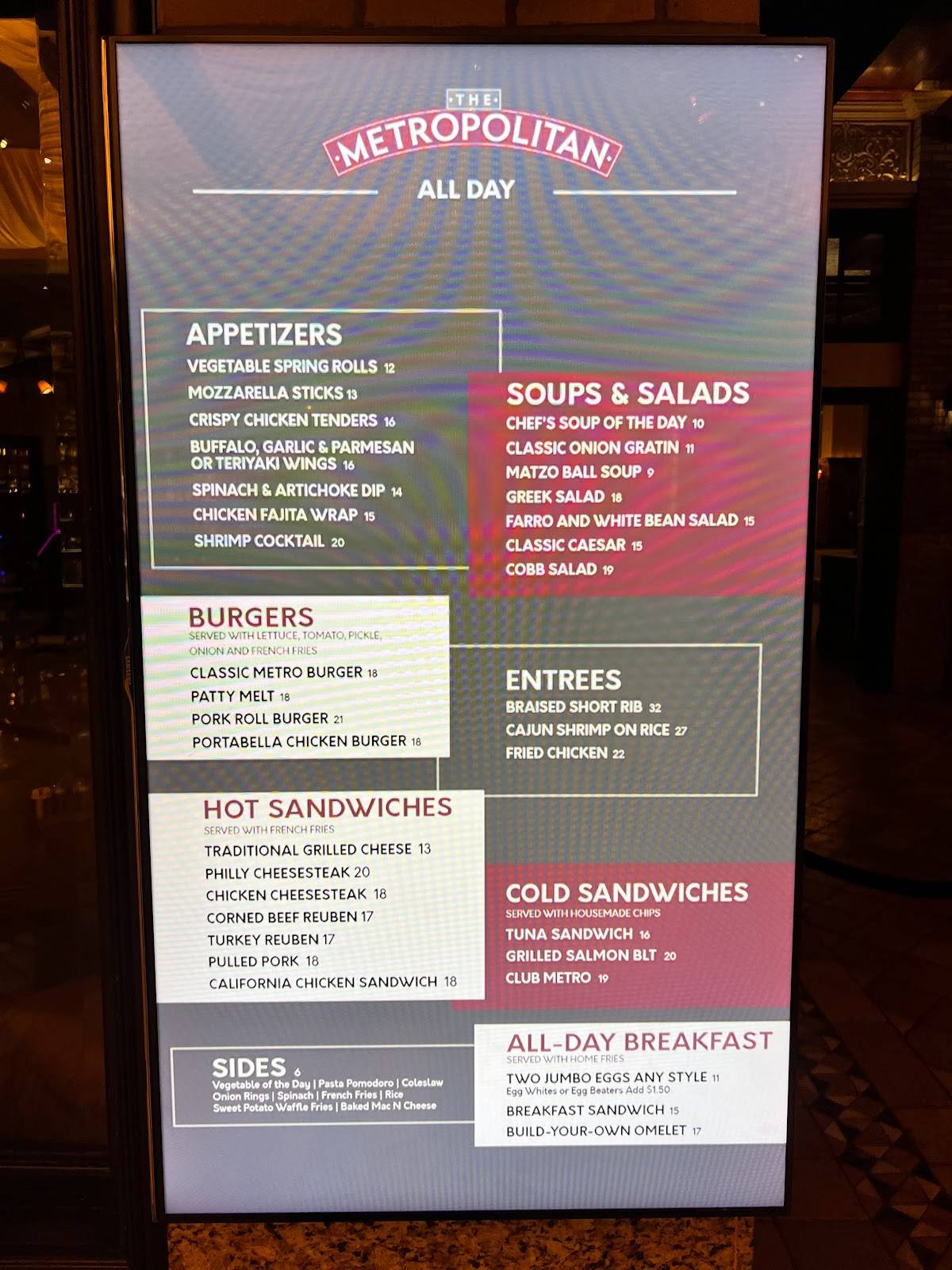 Menu at The Metropolitan restaurant, Atlantic City, Borgata Hotel