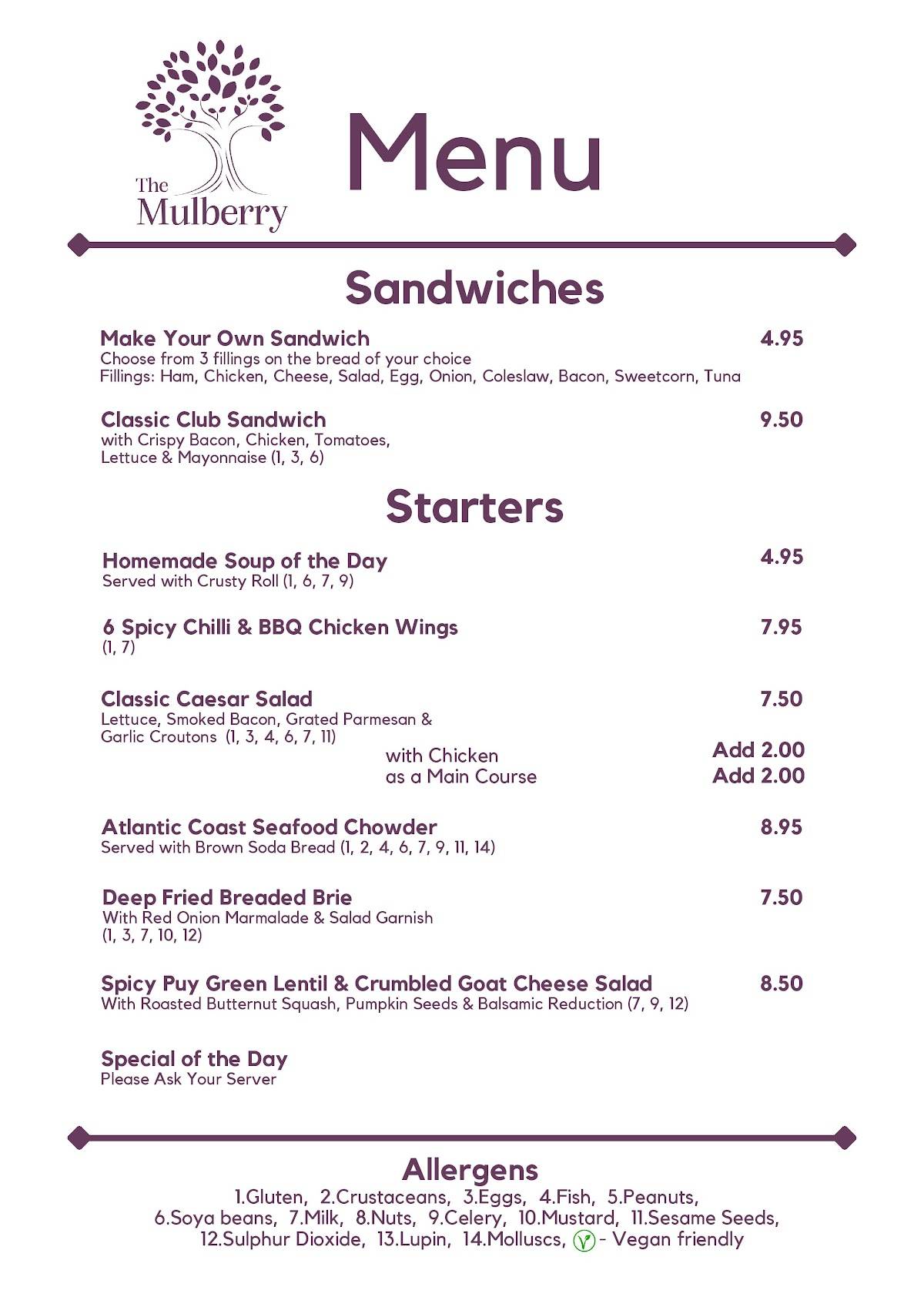 Menu at The Mulberry at Radisson Blu, Letterkenny pub & bar, Letterkenny