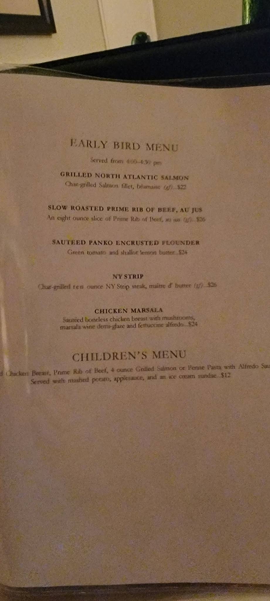 Menu at The Parson's Table steakhouse, Little River