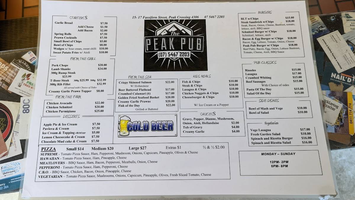 Menu at The Peak Pub, Peak Crossing