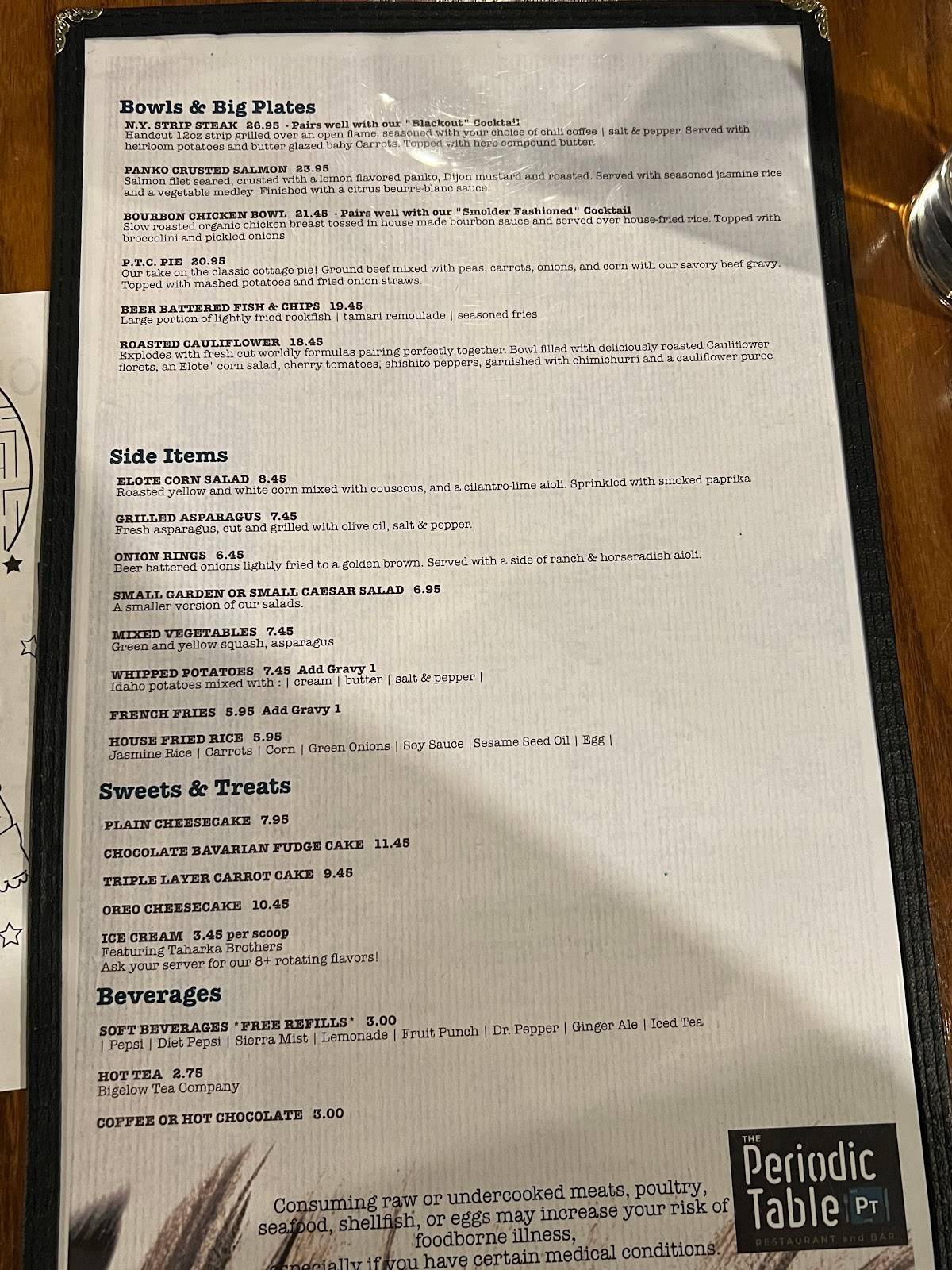 Menu at The Periodic Table pub & bar, Columbia