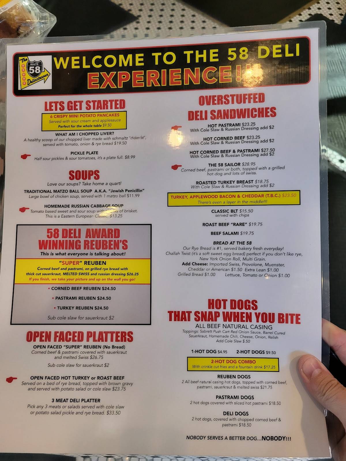 Menu at The Route 58 Deli restaurant, Virginia Beach