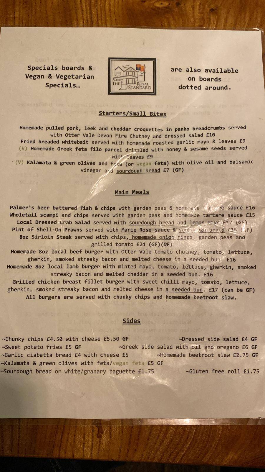Menu at The Royal Standard pub & bar, Lyme Regis