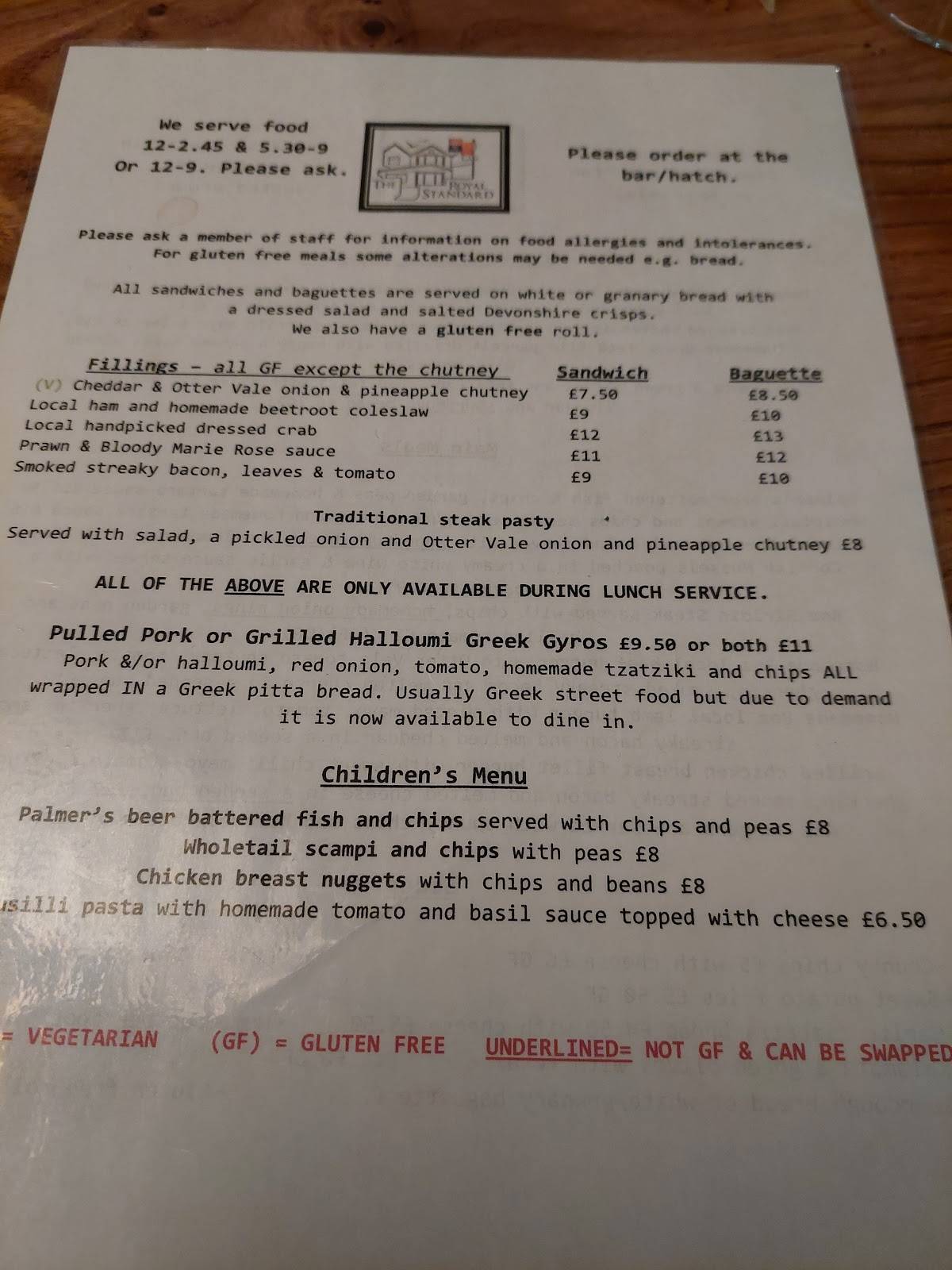 Menu at The Royal Standard pub & bar, Lyme Regis