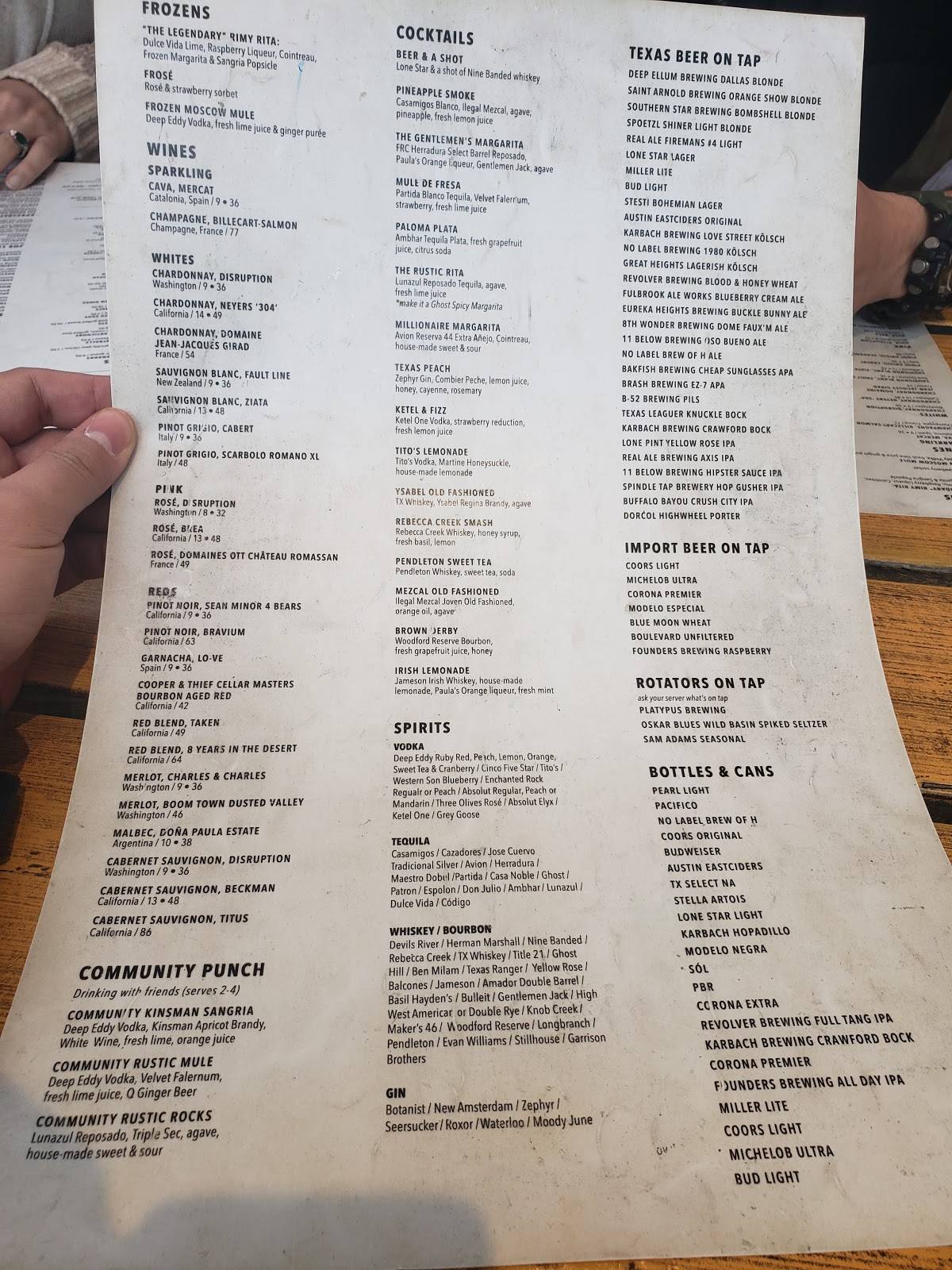 Menu at The Rustic pub & bar, Houston, Polk St