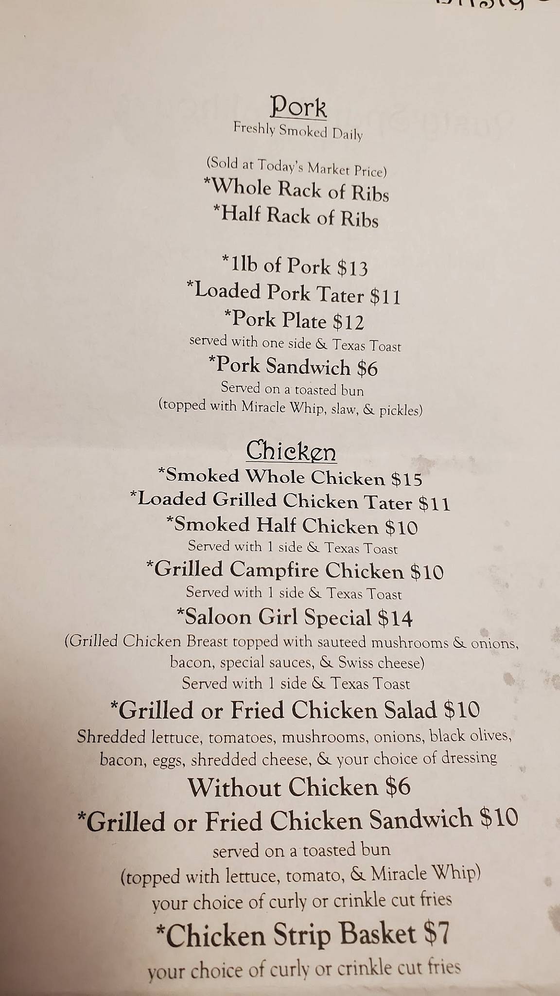 Menu at The Rusty Spur Diner steakhouse, Pulaski