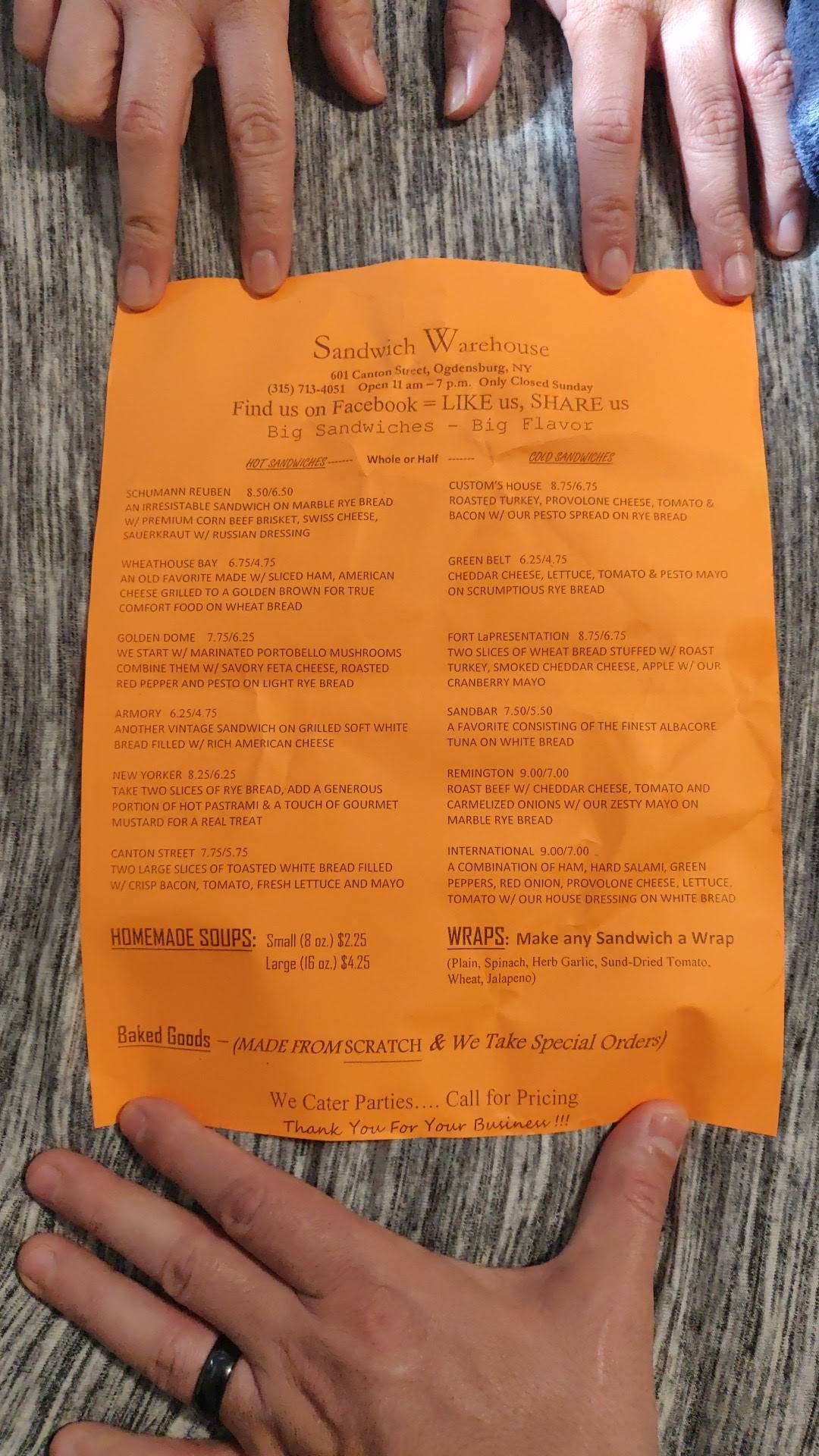 Menu at The Sandwich Warehouse desserts, Ogdensburg