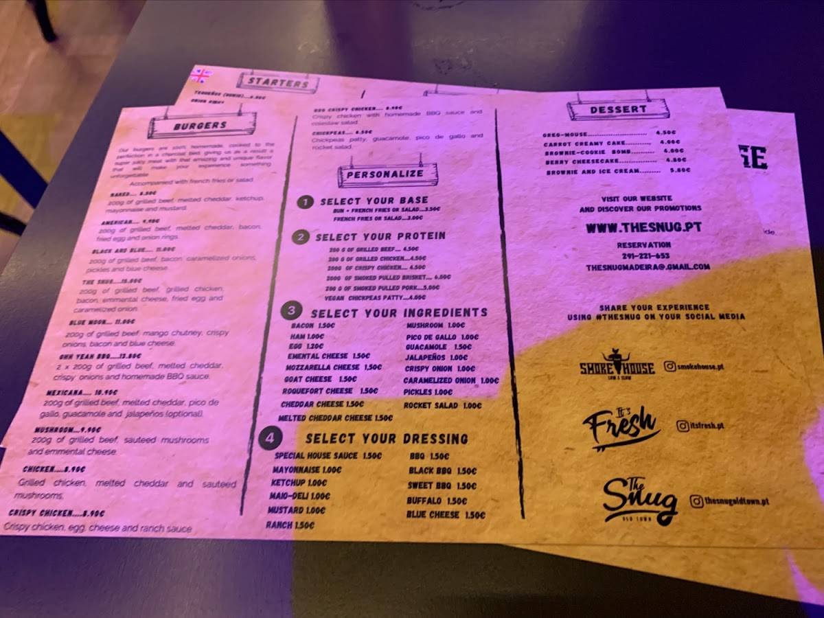 Menu at The Snug Smoke House cafe, Funchal