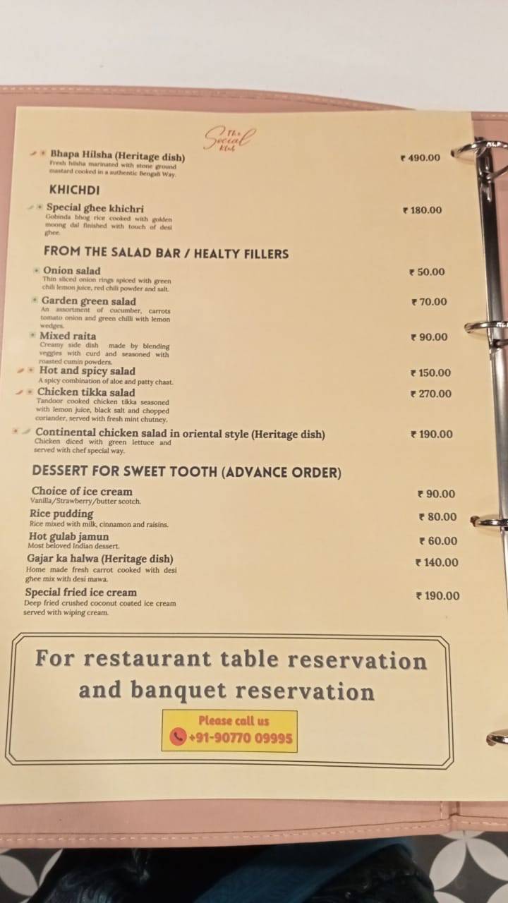 Menu at The Social Klub, Agartala