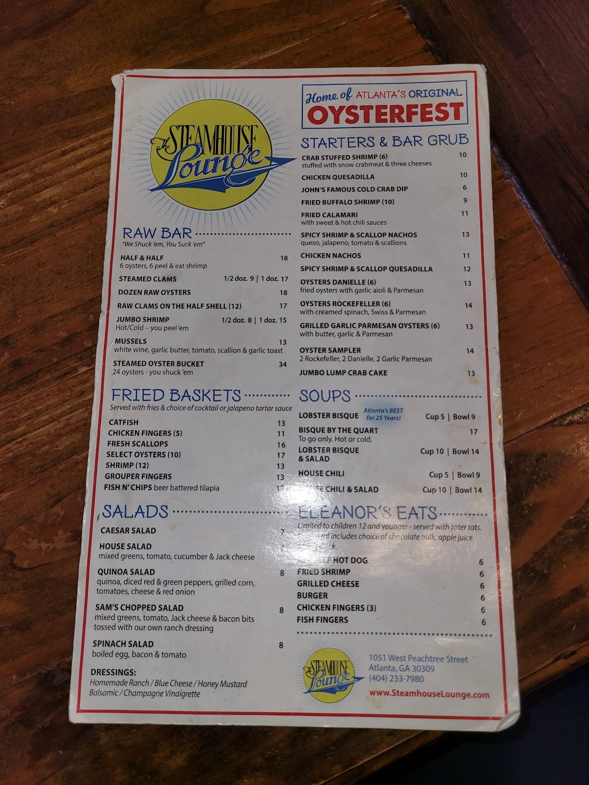 Menu at The Steamhouse Lounge pub & bar, Atlanta, W Peachtree St NW