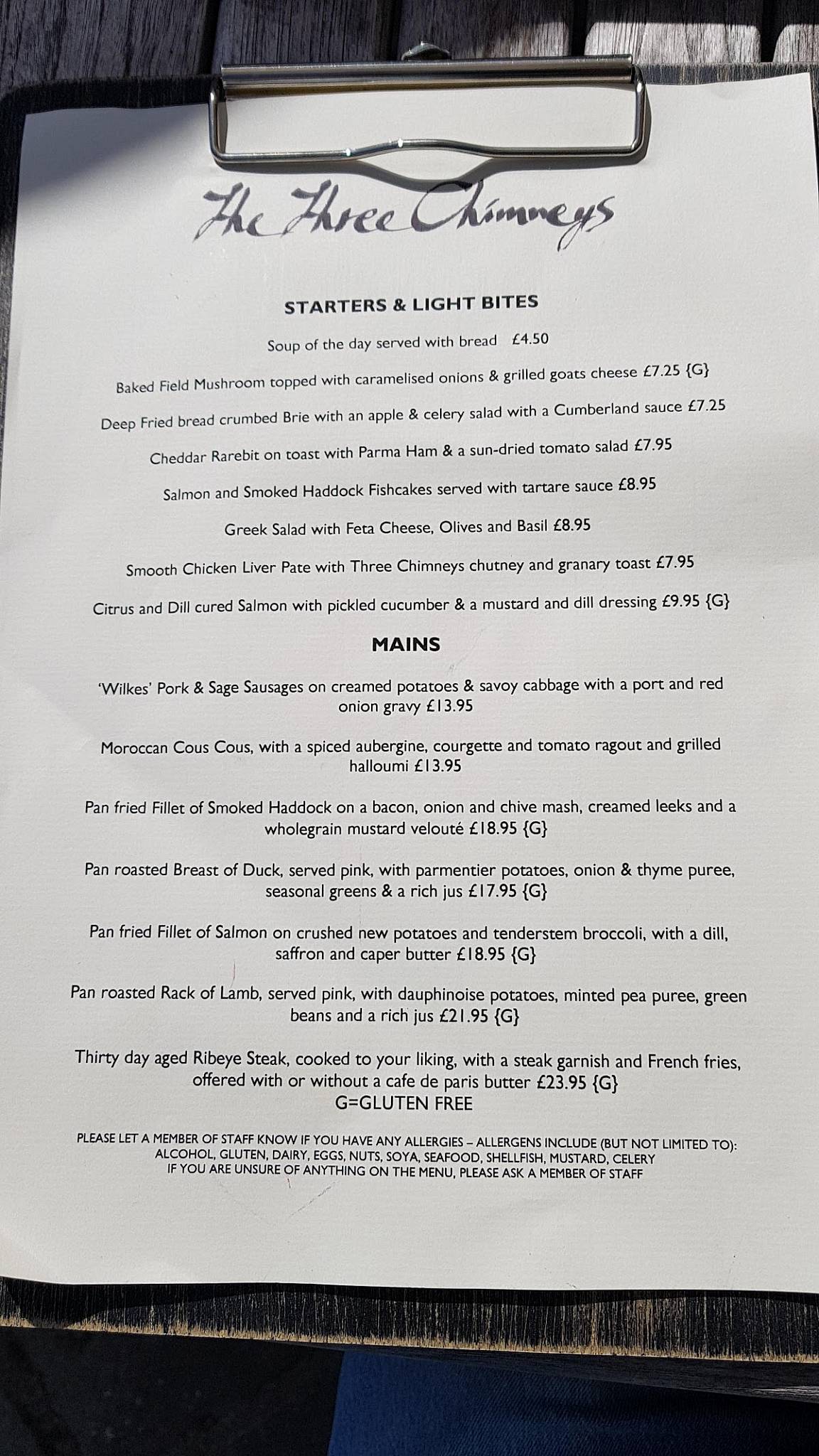 Menu at The Three Chimneys pub & bar, Smarden