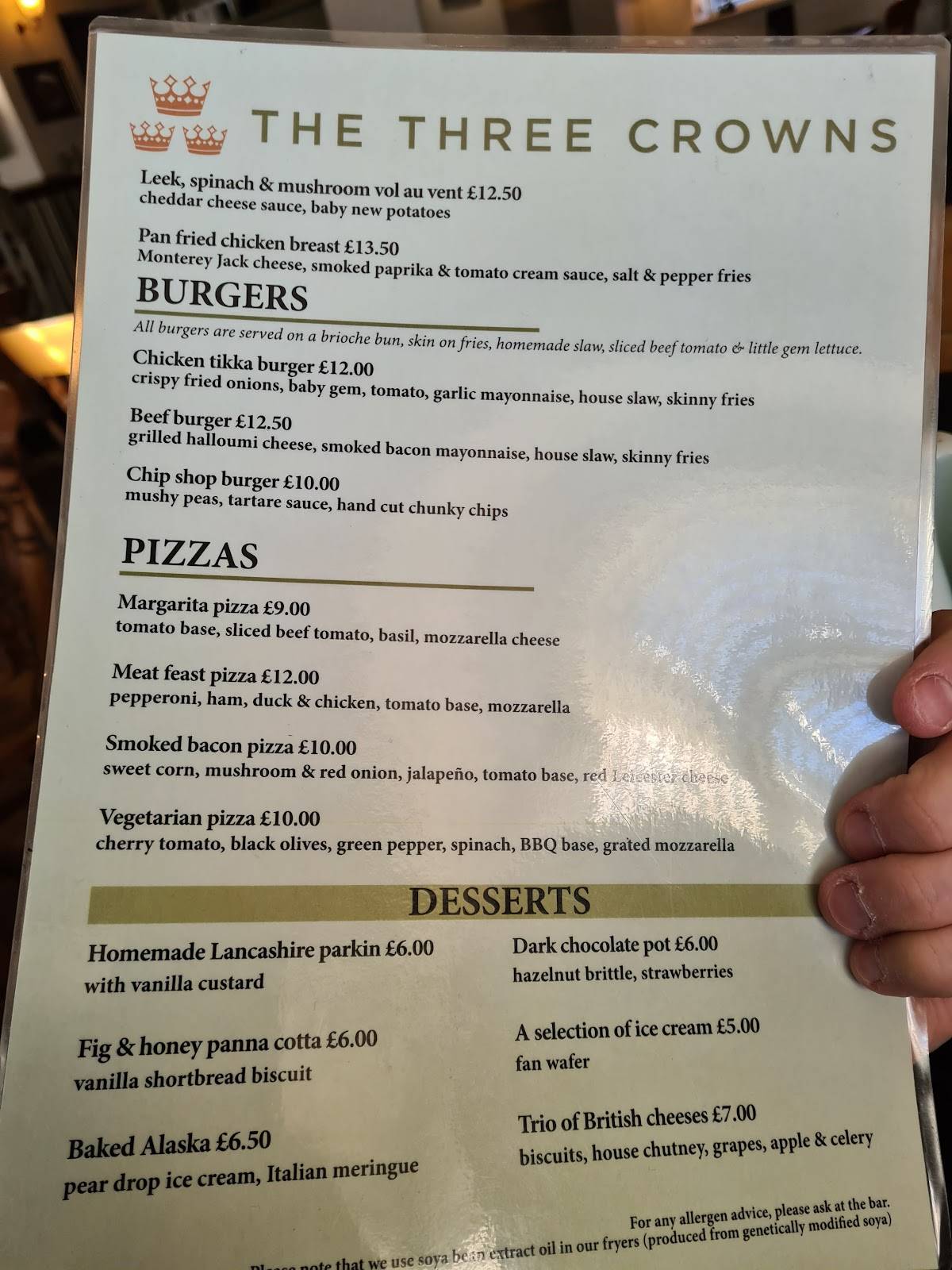 Menu at The Three Crowns Inn pub & bar, Oldham