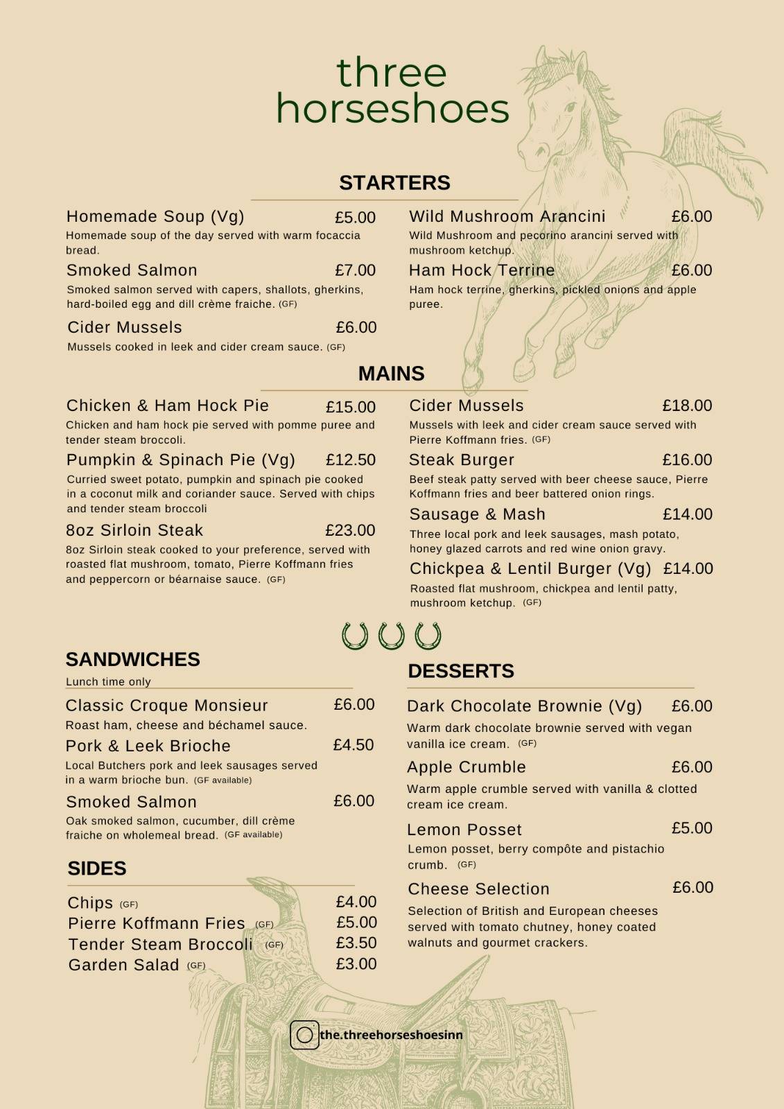 Menu at The Three HorseShoes Inn pub & bar, Cardiff, Peterson super ely