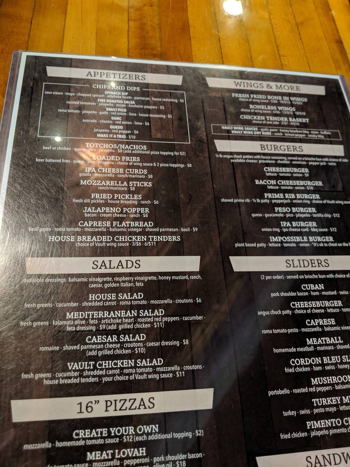 Menu at The Vault 1905 Sports Grill restaurant, Van Buren
