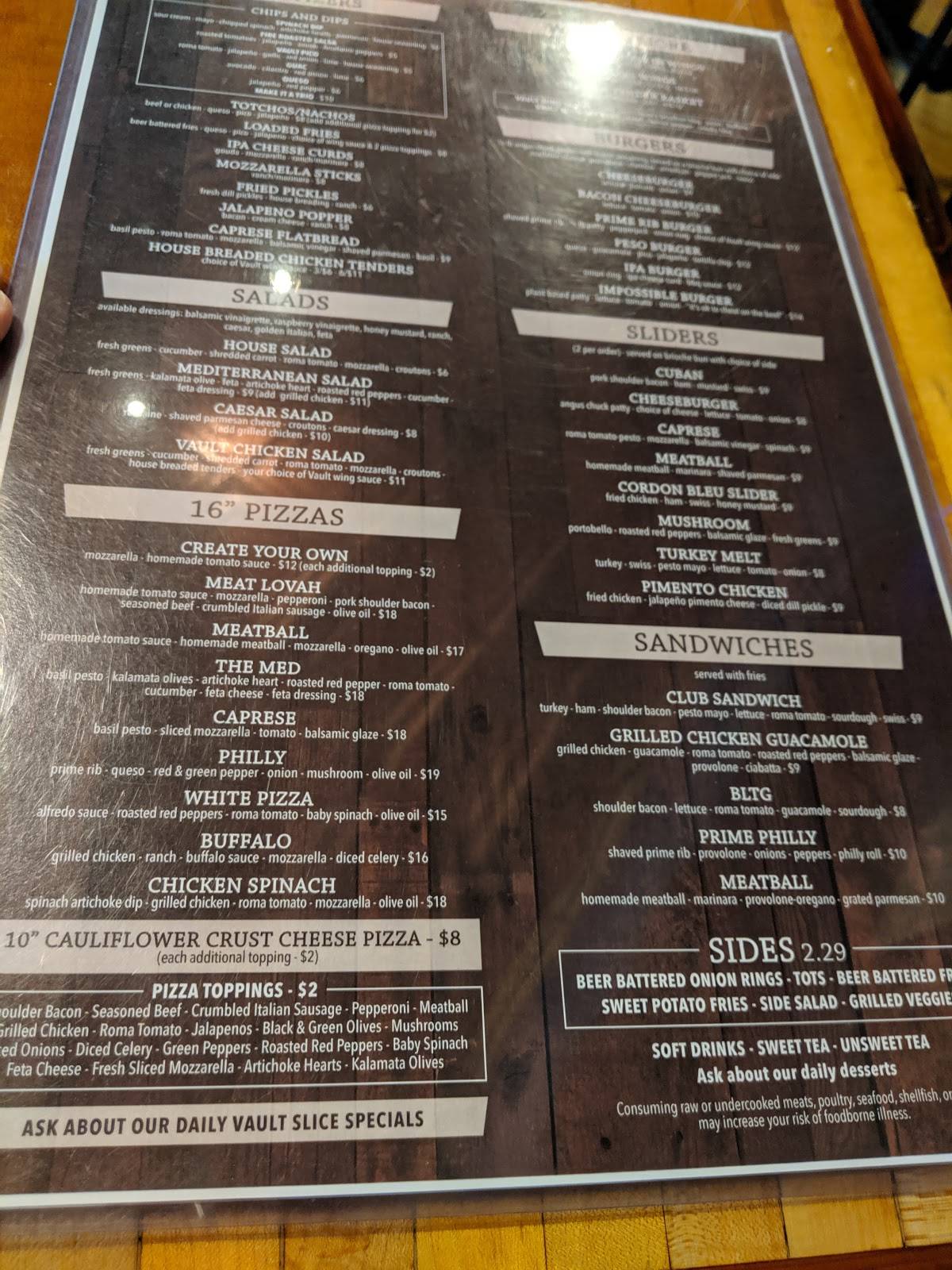 Menu at The Vault 1905 Sports Grill restaurant, Van Buren