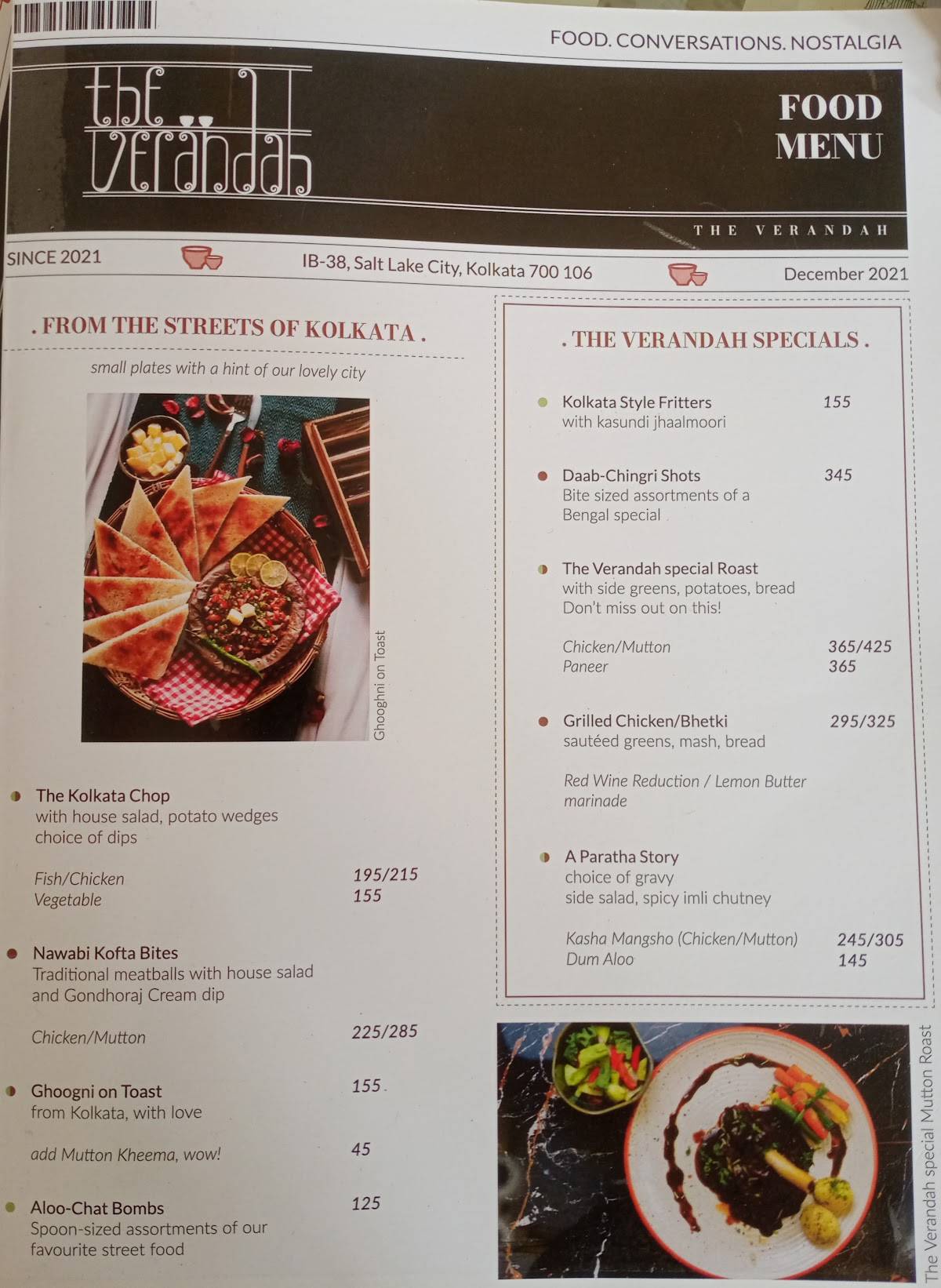 Menu at The Verandah, Kolkata