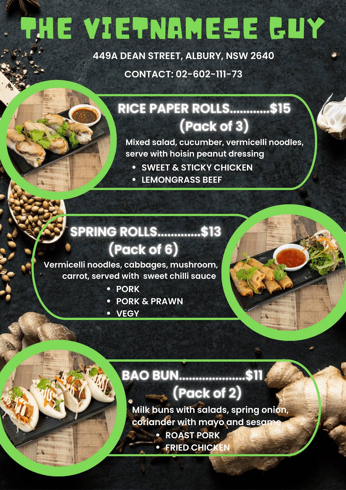Menu at The Vietnamese Guy restaurant, Albury