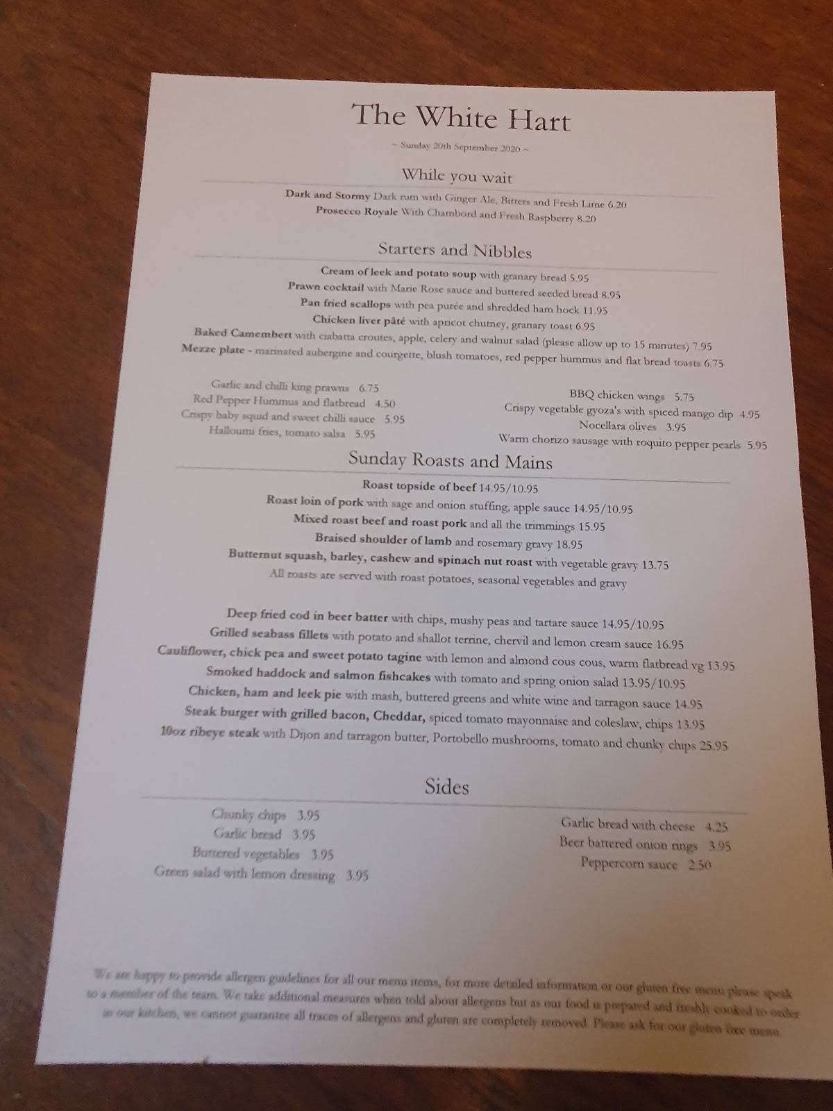 Menu at The White Hart pub & bar, Sevenoaks, Tonbridge Rd