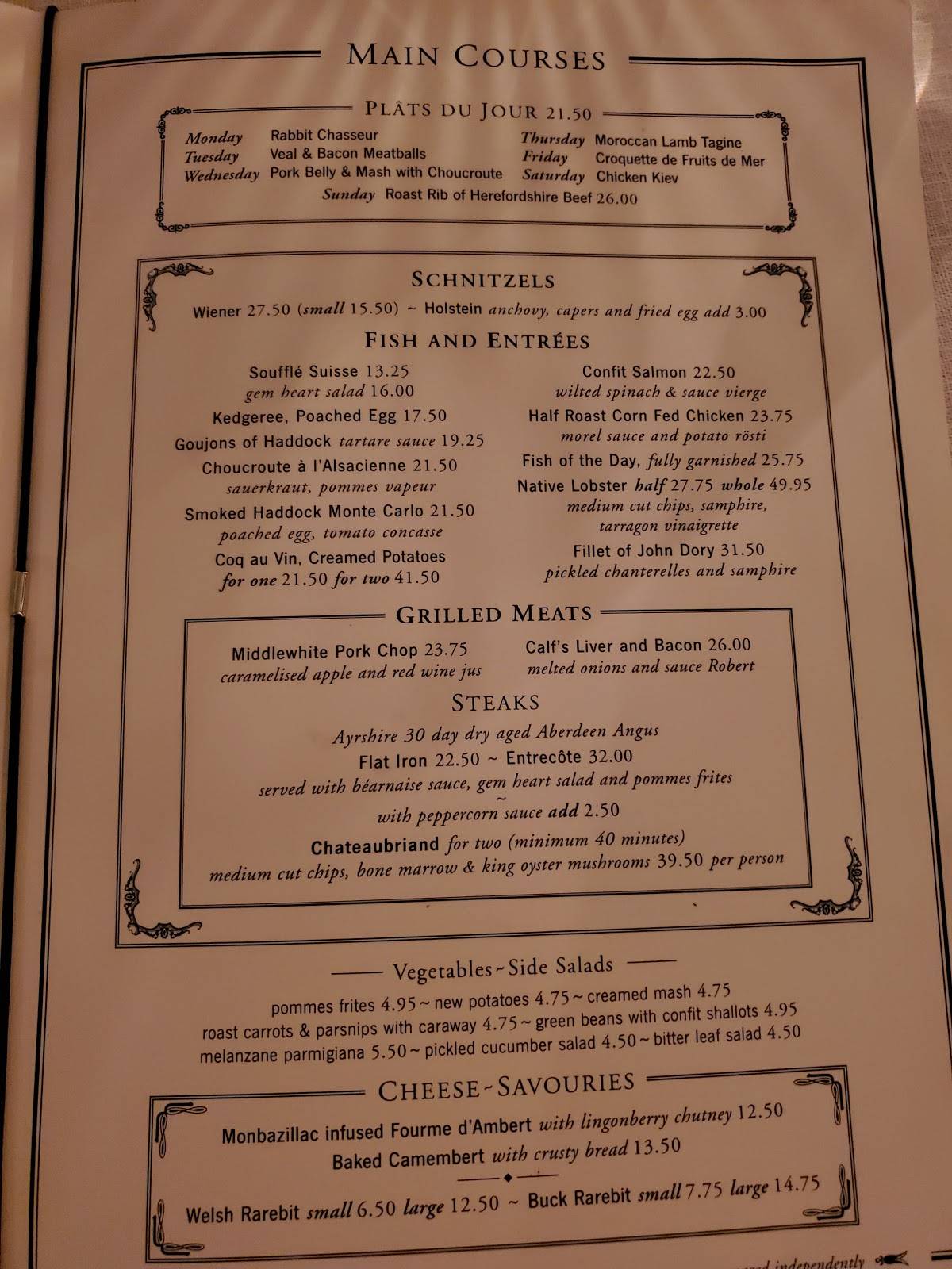 Menu at The Wolseley cafe, London