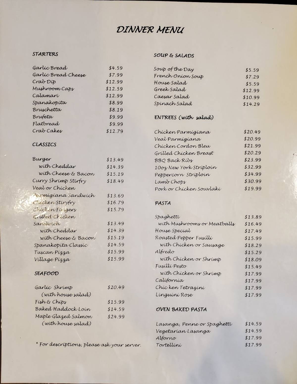 Menu at Theo’s Eatery pizzeria, Orillia