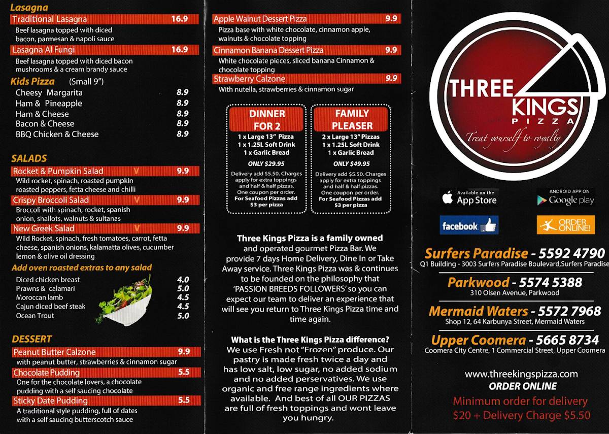 Carta de pizzería Three Kings Pizza Parkwood, Parkwood, 310 Olsen Ave