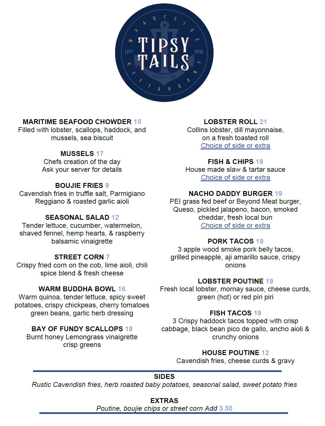 Menu at Tipsy Tails Restaurant, Alma