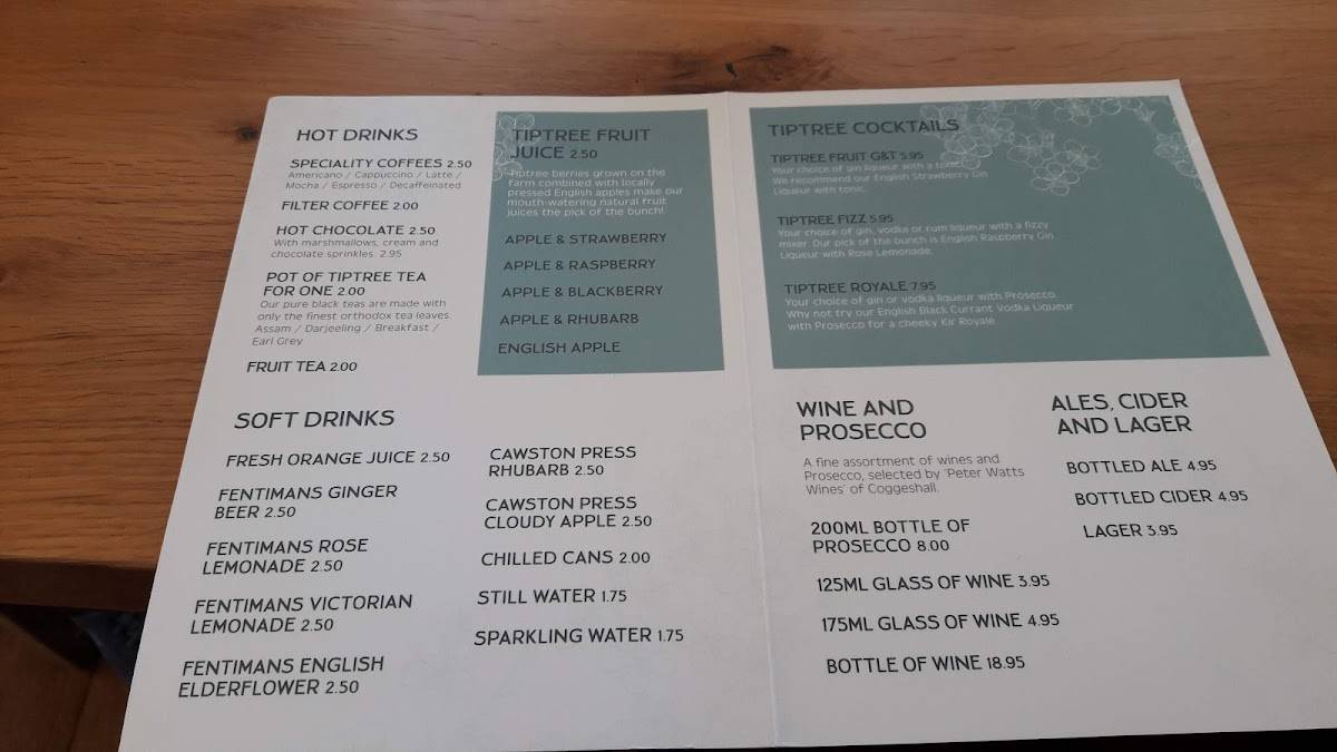 Menu at Tiptree Tea Rooms at The Barns, Cressing Temple, Braintree ...