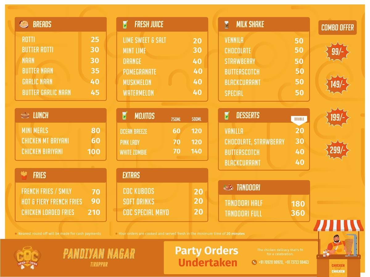 Menu at Chicken Only Chicken Restaurant, Tiruppur