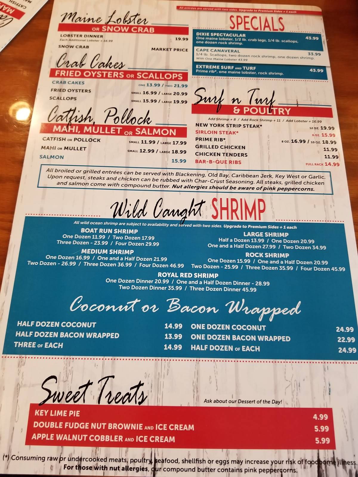 Menu at Dixie Crossroads restaurant, Titusville