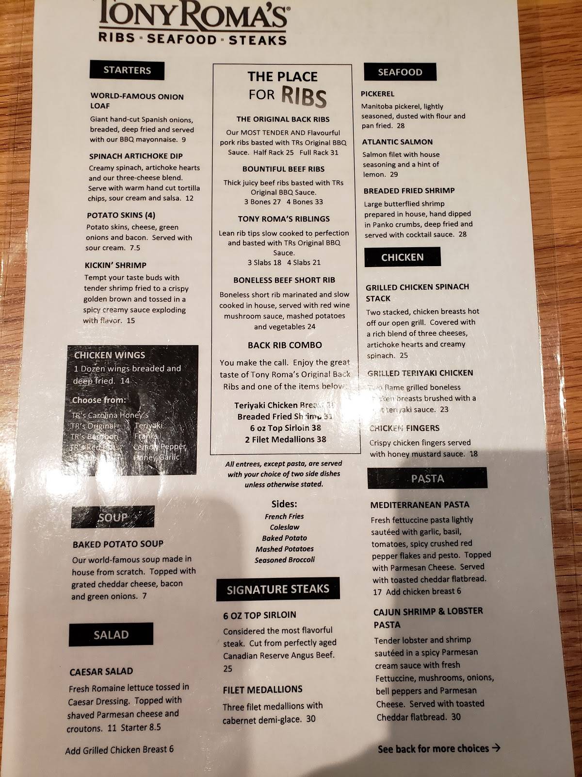 Menu at Tony Roma's restaurant, Winnipeg, 656 St James St