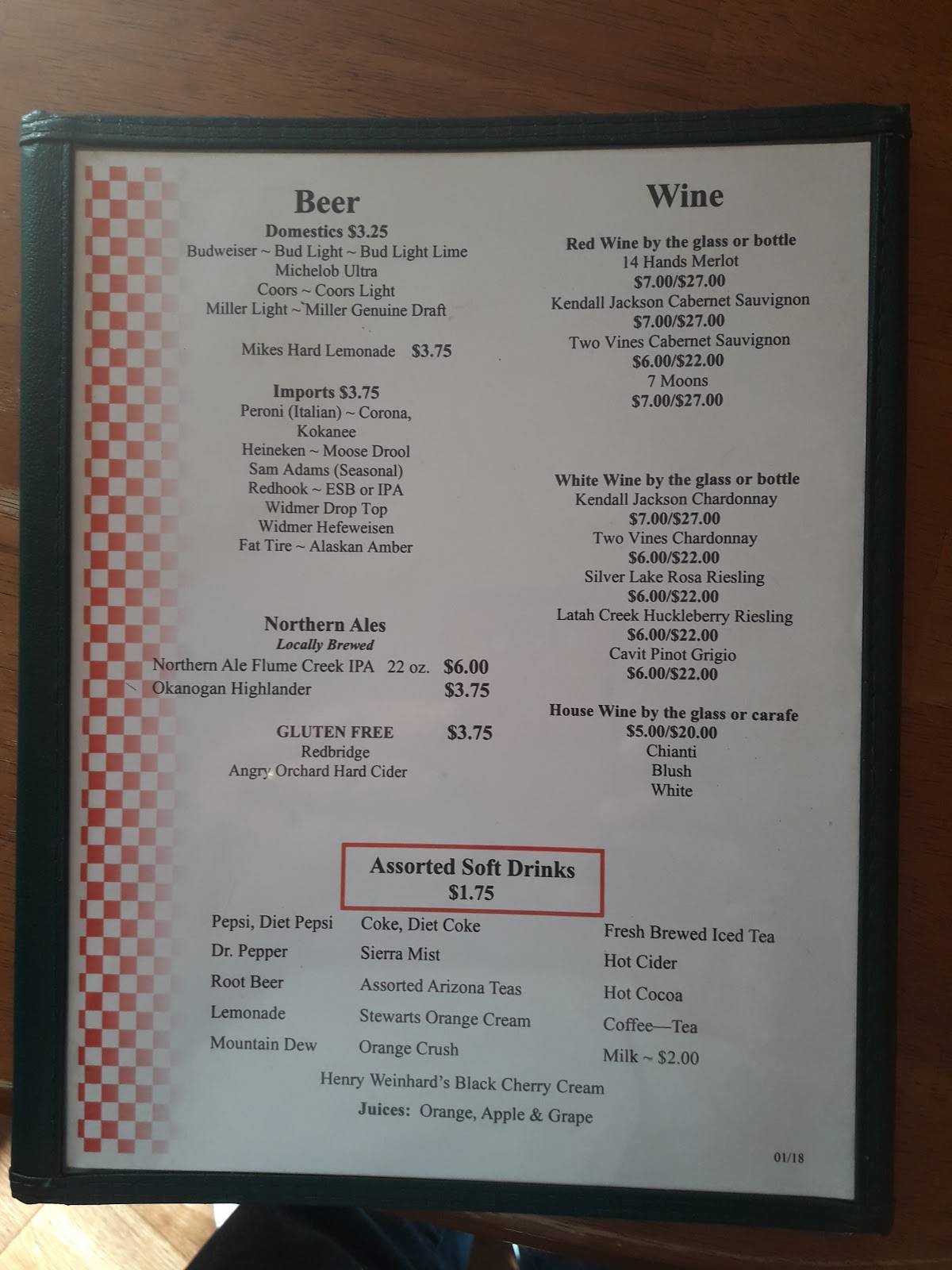 Menu at Tony's Italian Eatery pizzeria, Colville