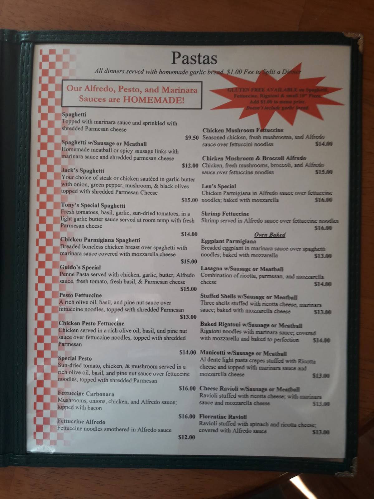 Menu at Tony's Italian Eatery pizzeria, Colville
