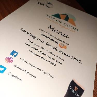 Menu at Top of Coom Ireland's Highest pub, Ireland