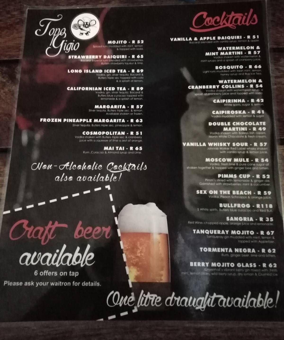 Menu at Topo Gigio restaurant, Johannesburg