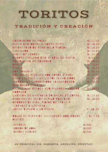Carta del restaurante Toritos, Sabandia