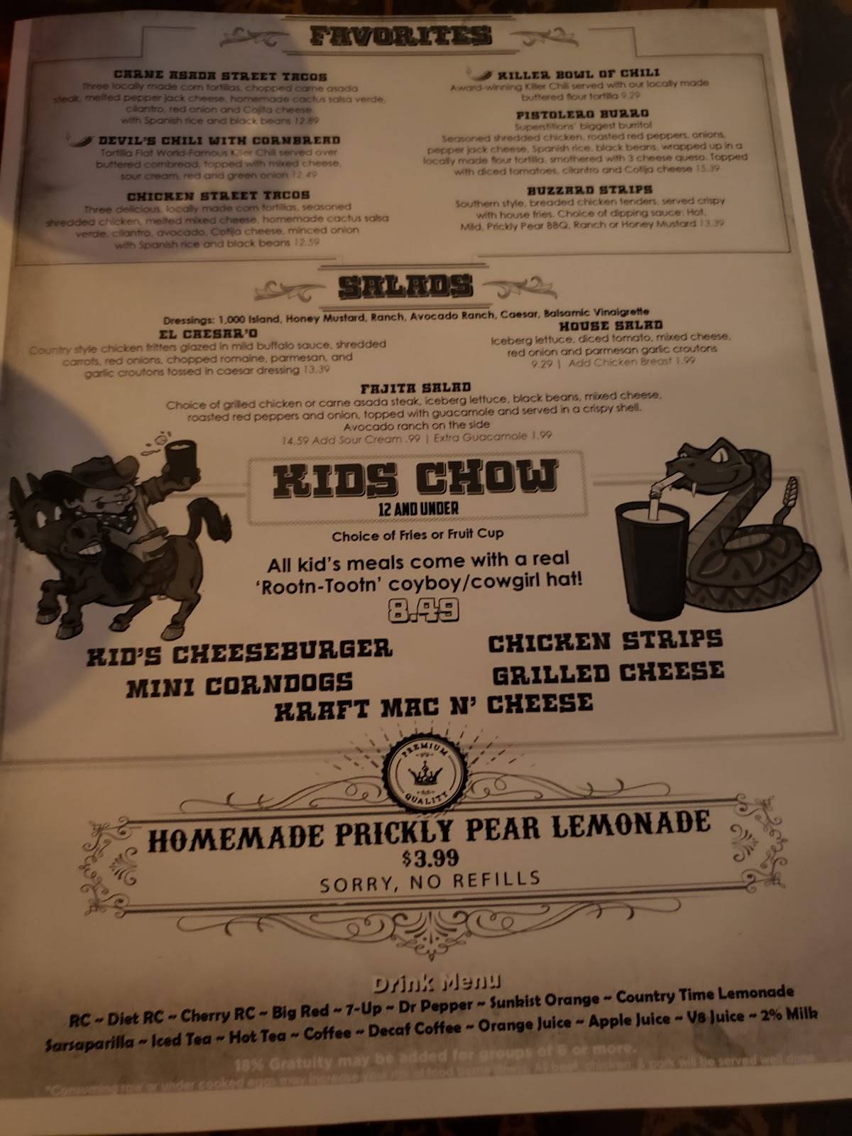 Menu at Tortilla Flat Saloon restaurant, Tortilla Flat, 1 Main Street