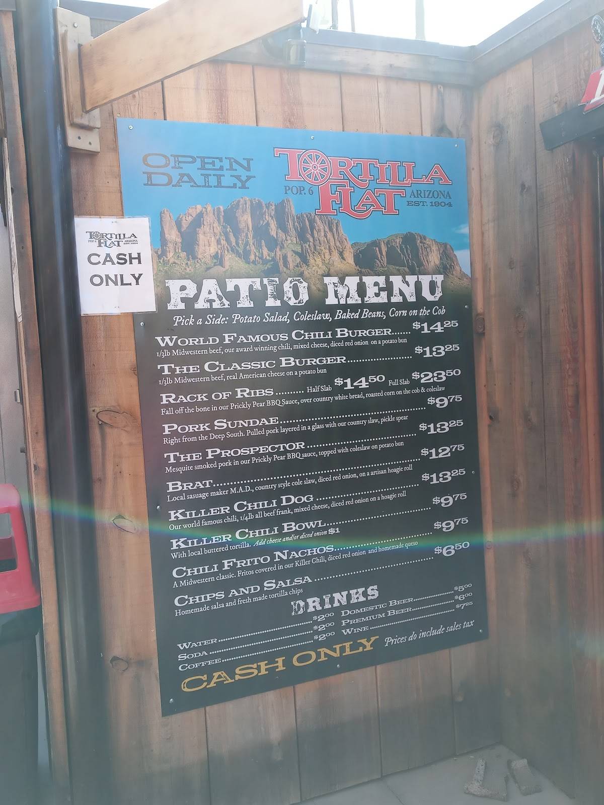 Menu at Tortilla Flat Saloon restaurant, Tortilla Flat, 1 Main Street