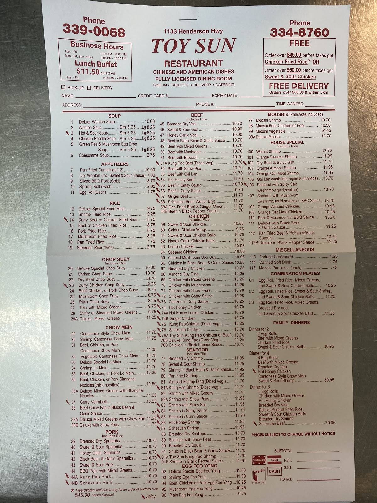 Menu at Toy Sun Restaurant, Winnipeg