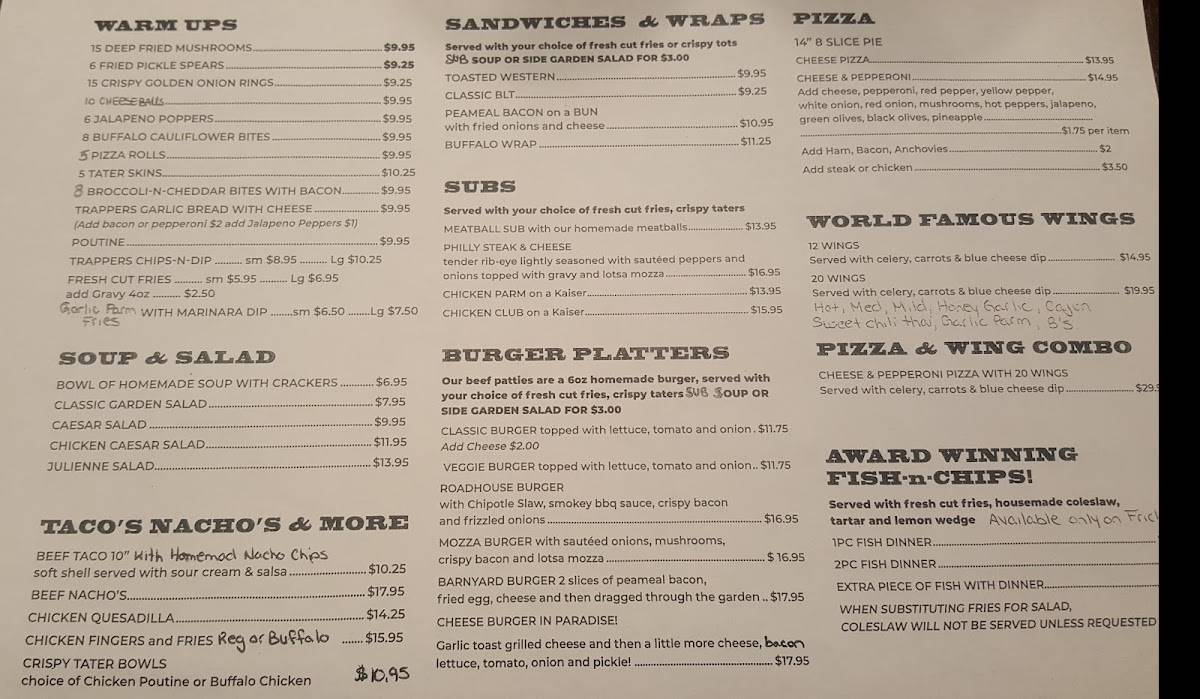 Menu at Trappers Sports Bar, Welland