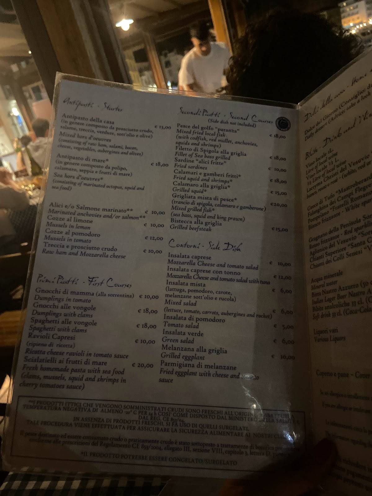 Menu at Trattoria Da Emilia restaurant, Sorrento