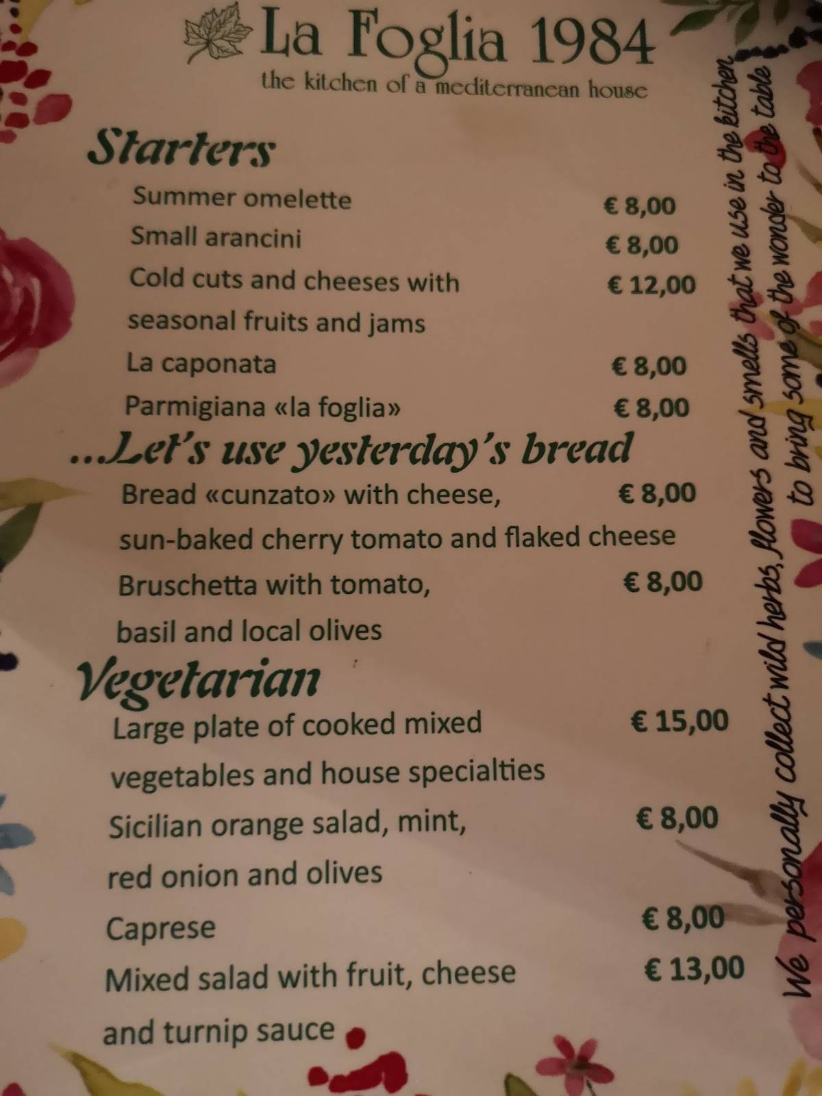 Menu at Trattoria La Foglia restaurant, Syracuse