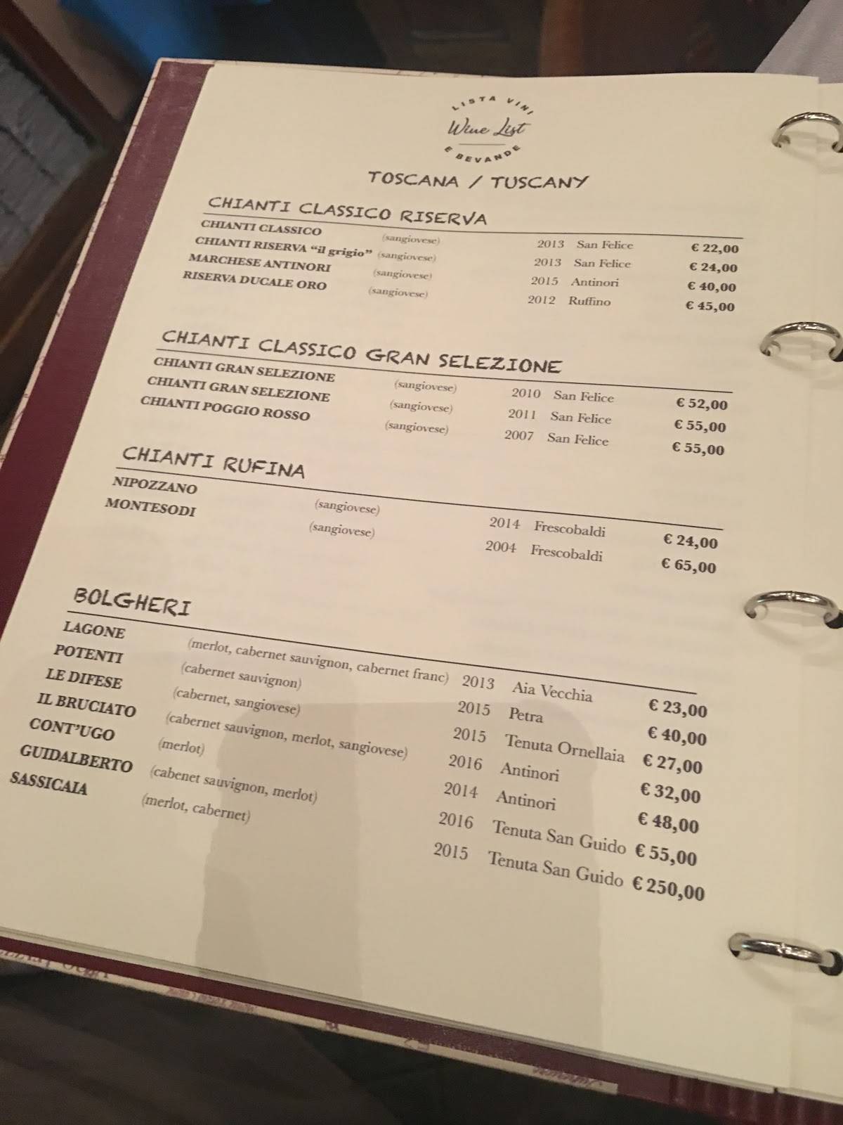 Menu at Trattoria San Giacomo restaurant, Bellagio