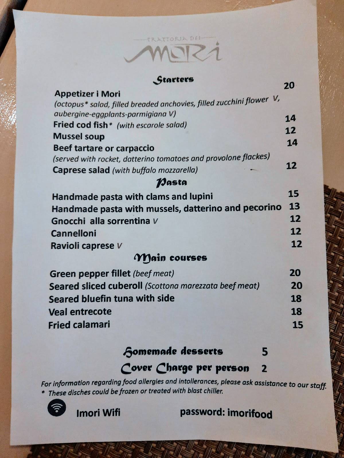 Menu at Trattoria dei Mori restaurant, Sorrento, Via S. Nicola