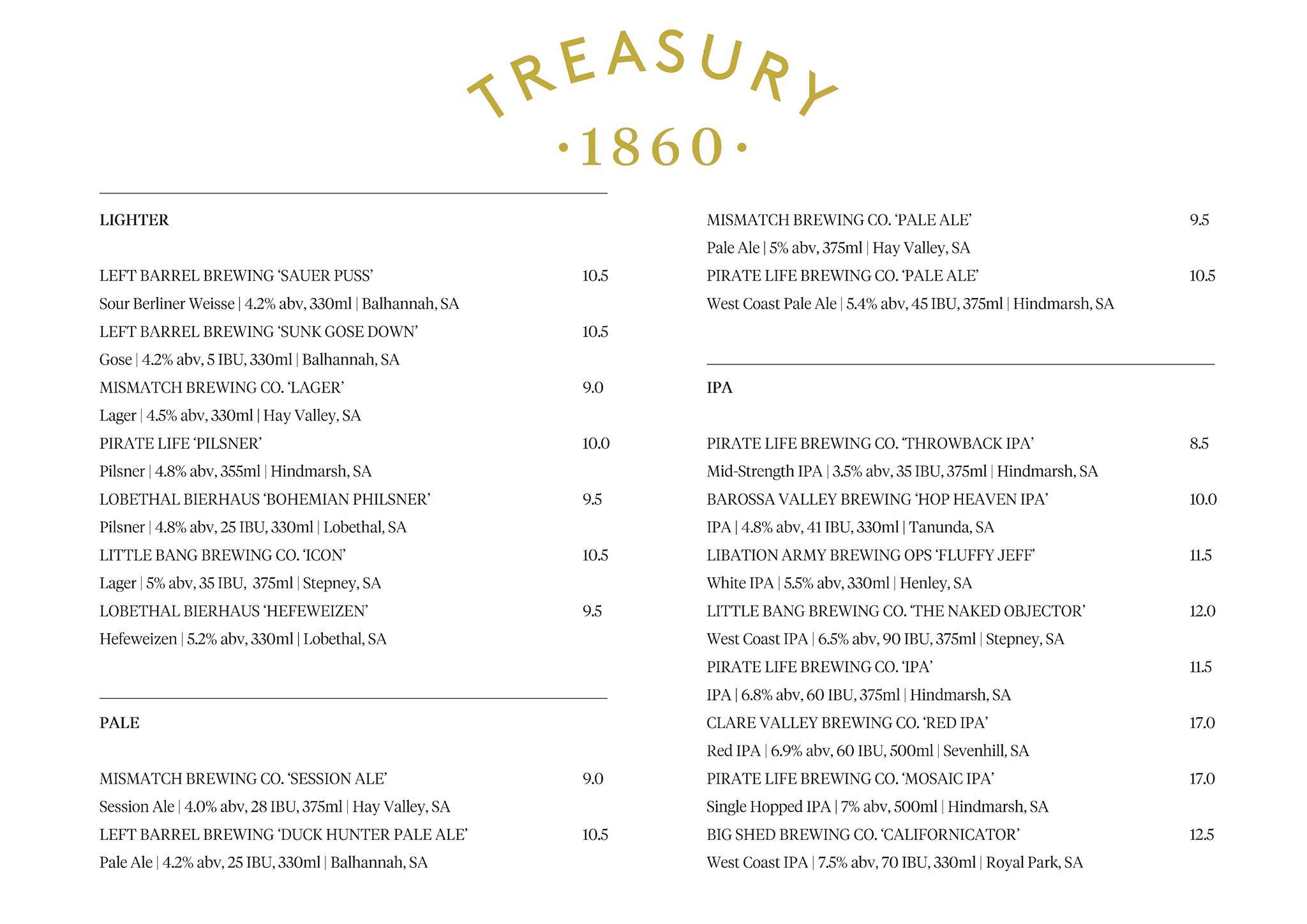 Menu at Treasury 1860 pub & bar, Adelaide